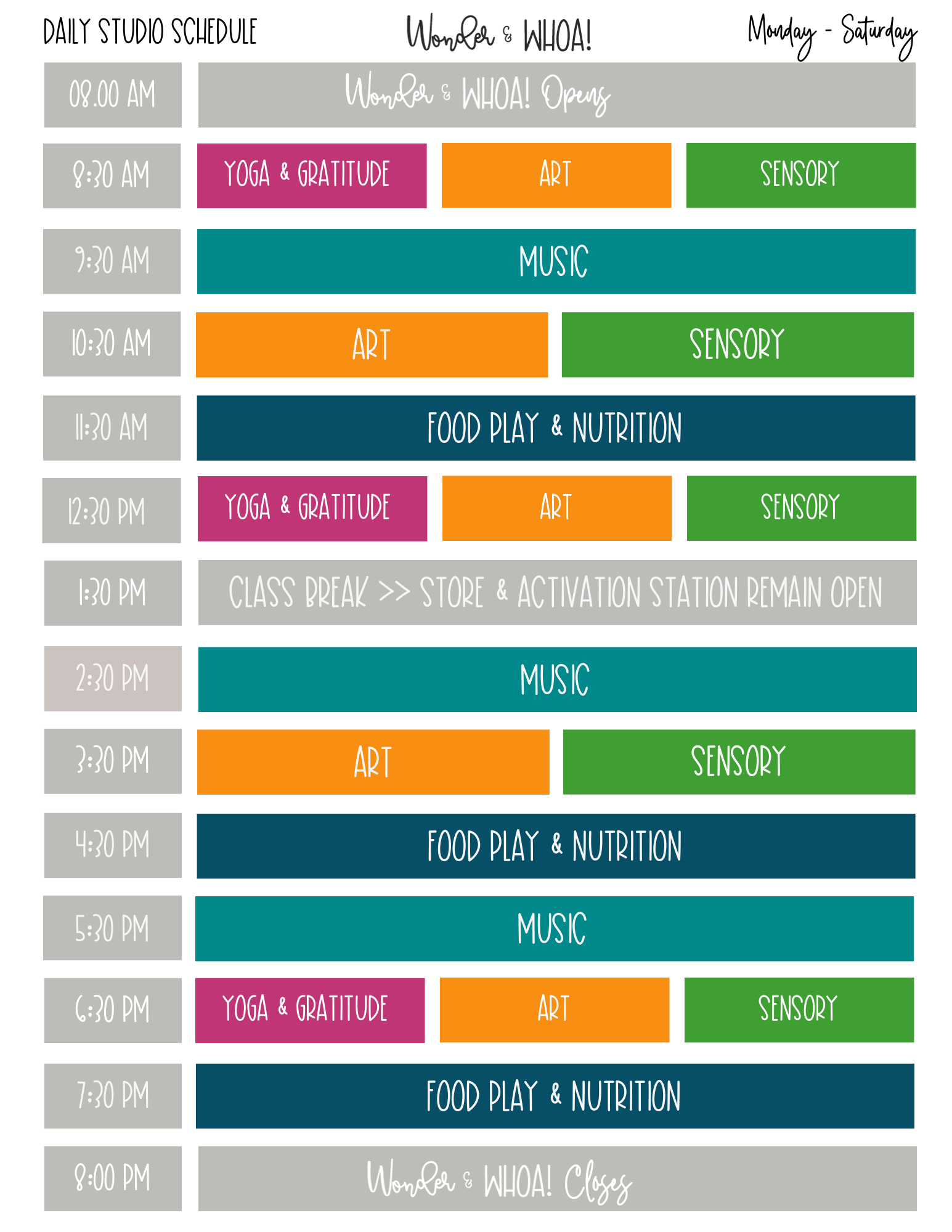 Studio Class Schedule – Wonder & Whoa